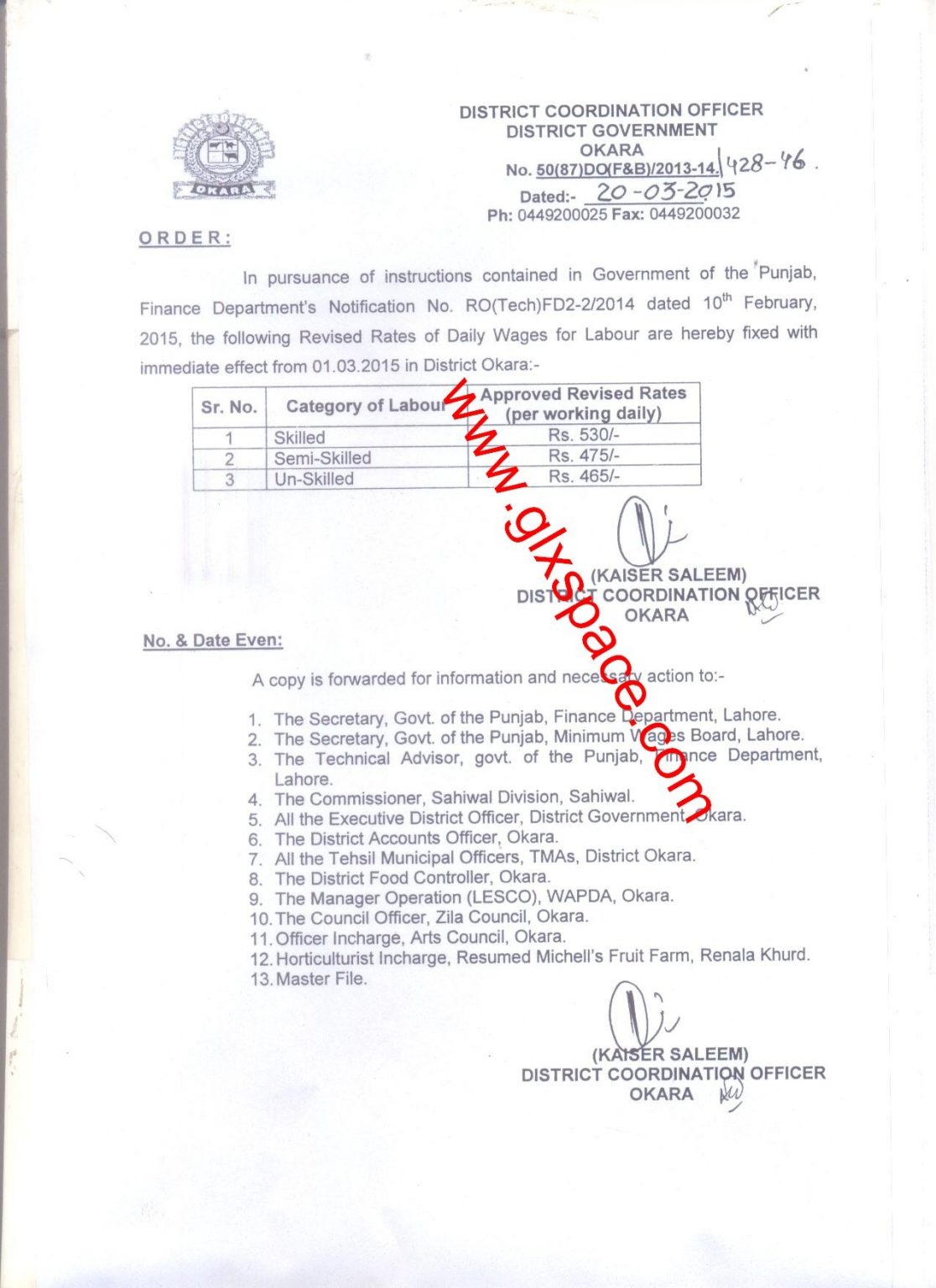 Revised Rates of Daily Wages for Labour 2015