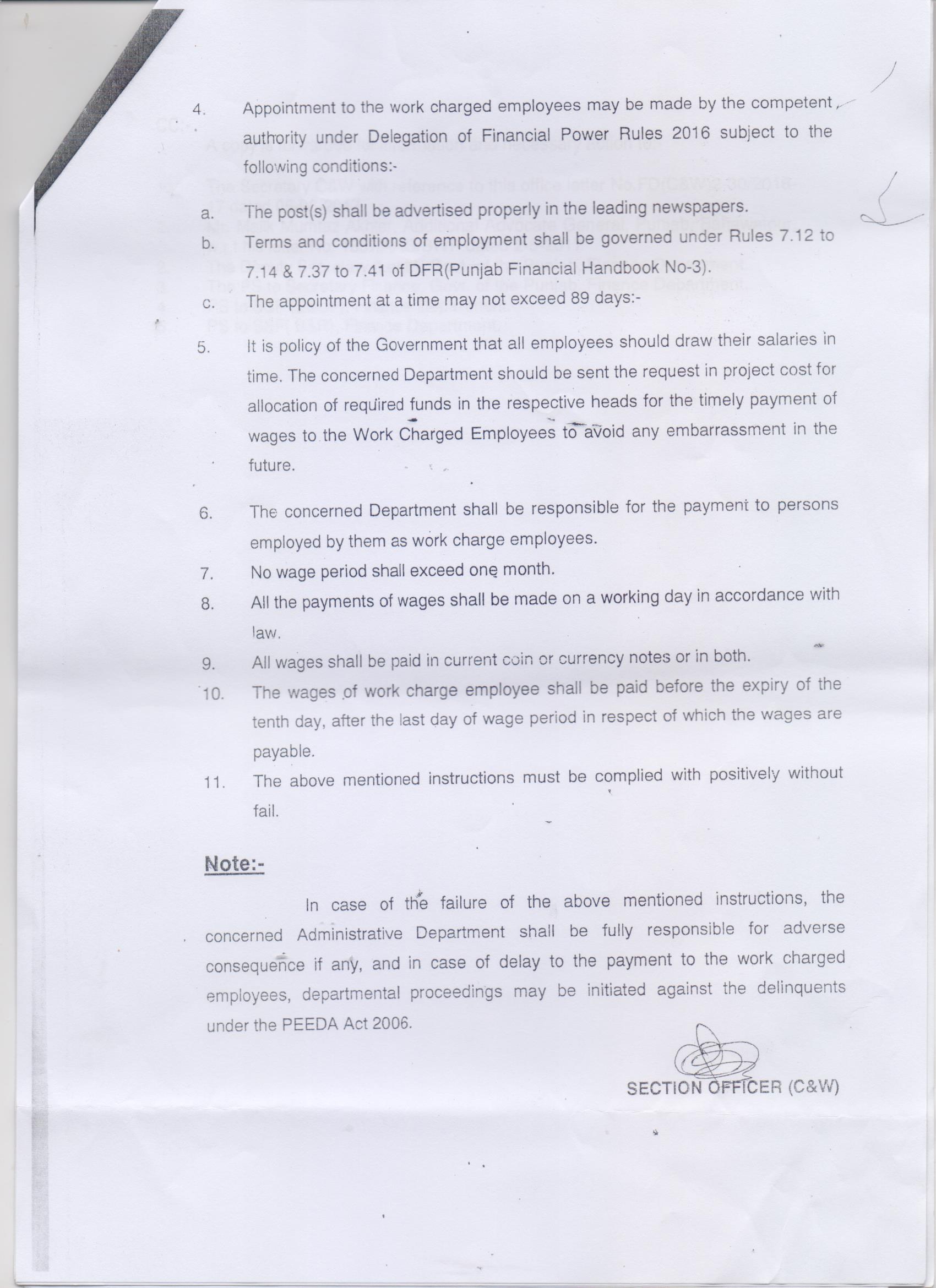 Instructions pertaining to the payment to the Work Charged Employees