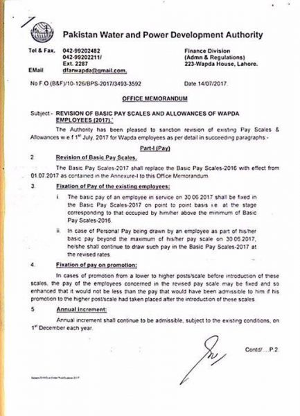 Notification Revised Pay Scale 2017 WAPDA Employees