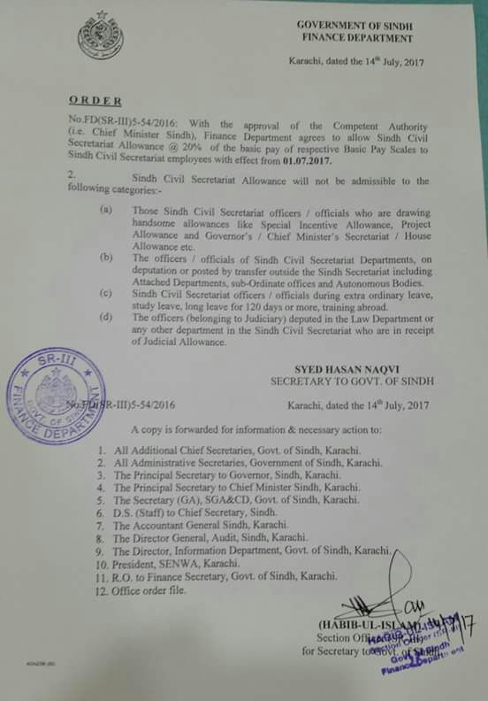 Notification of Sindh Civil Secretariat Allowance @ 20% of the Basic Pay Notification of Sindh Civil Secretariat Allowance @ 20% of the Basic Pay