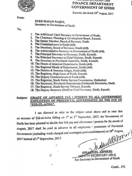 Advance Pay Eid Ul Azha 2017 Punjab And Sindh Govt Employees