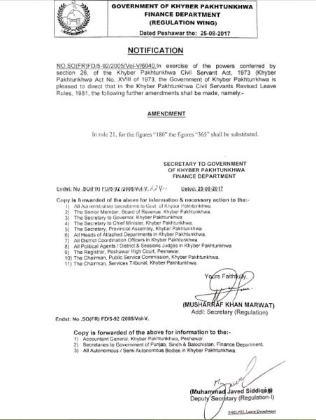 Notification 365 Days Leave Encashment KPK Government dt: 25-08-17