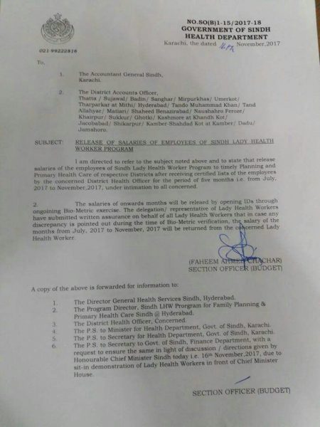 Release of Salaries of the Employees of Sindh Lady Health Worker Program