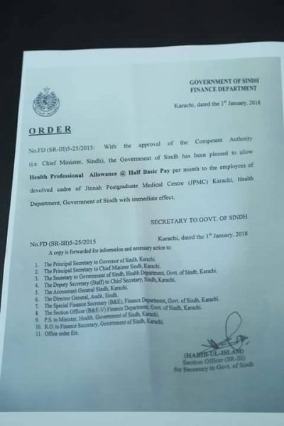 Notification of Health Professional Allowance Sindh @ Half Basic Pay