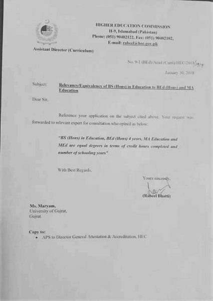 Notification of Equivalence of BS (Hons) in Education, Bed (Hons) 4 ...