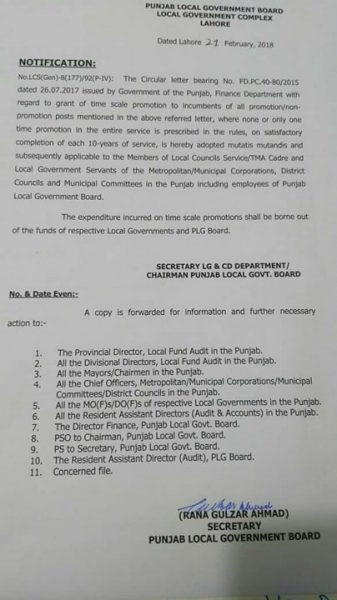 Notification of Time Scale Promotion Local Govt Punjab