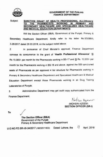 Notification of Health Professional Allowance Pharmacists