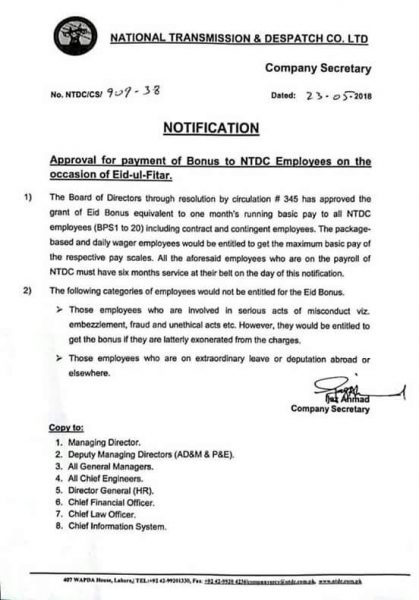 Notification of Eid Bonus One Month Basic as Honorarium to Various ...