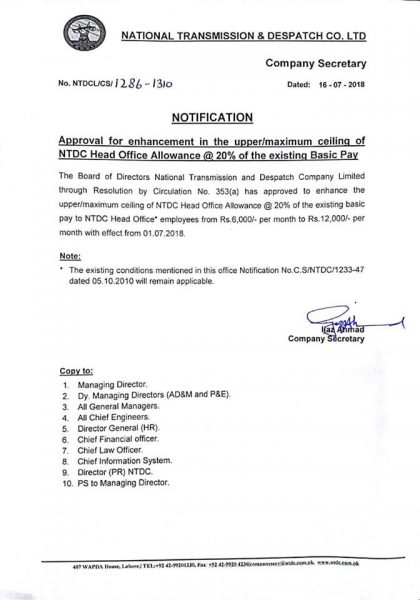 Notification of Enhancement Head Office Allowance @ 20% of the Existing ...