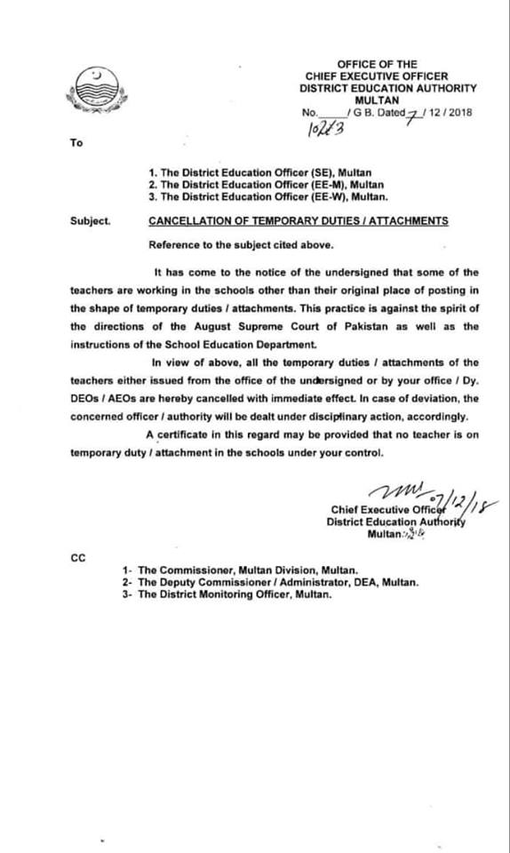 Cancellation of Temporary Duties / Attachments