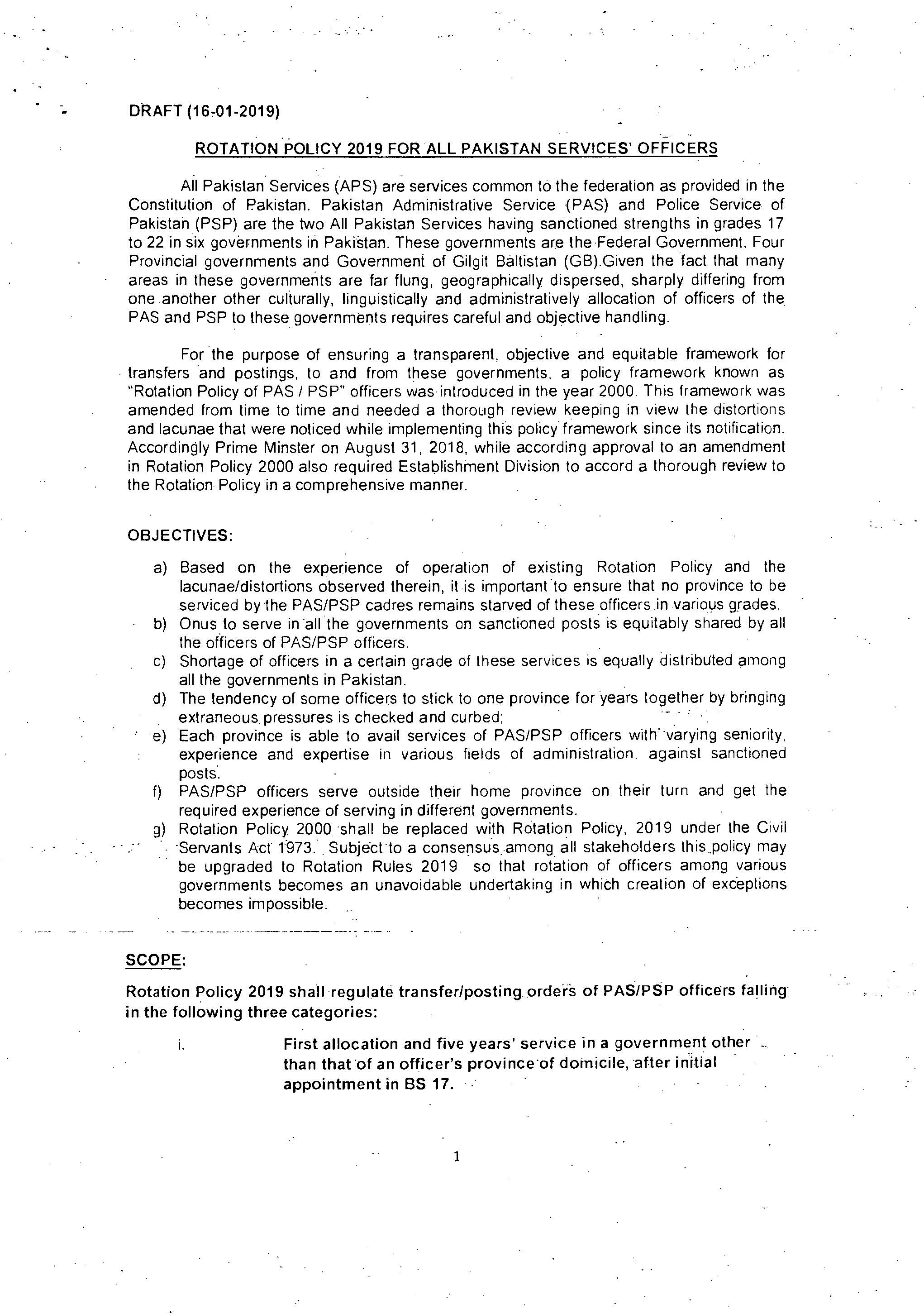 Draft Rotation Policy 2019 for All Pakistan Services Officers