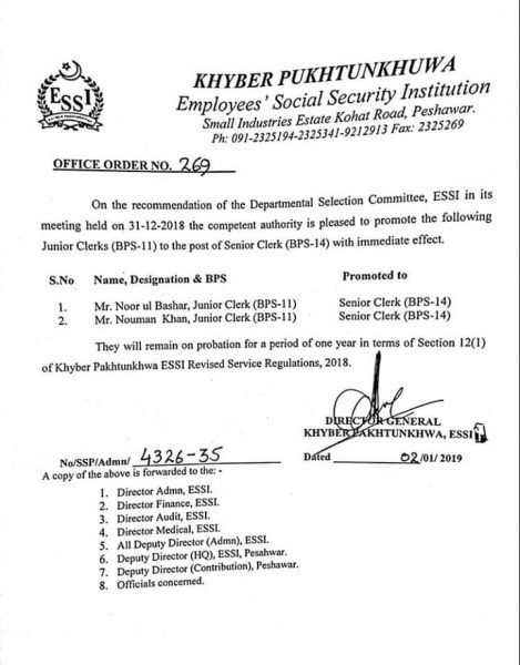 Notification of Promotion Junior Clerks, Senior Clerks, Class IV Employees ESSI KPK