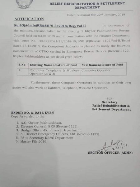 Notification of Redesignation CTWO as Computer Operator