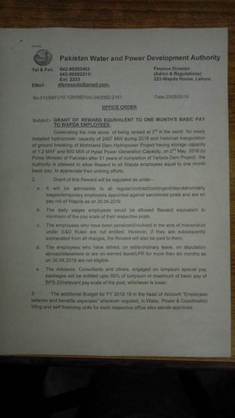 One Month Basic Pay to WAPDA Employees-Grant of Reward