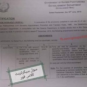 Class IV Employees Promotion as Junior Clerk BPS-11 against 20% Quota