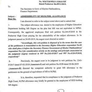 Judgment Sheet Regarding M.Phil Allowance to MS Degree Holders and M.Sc ...