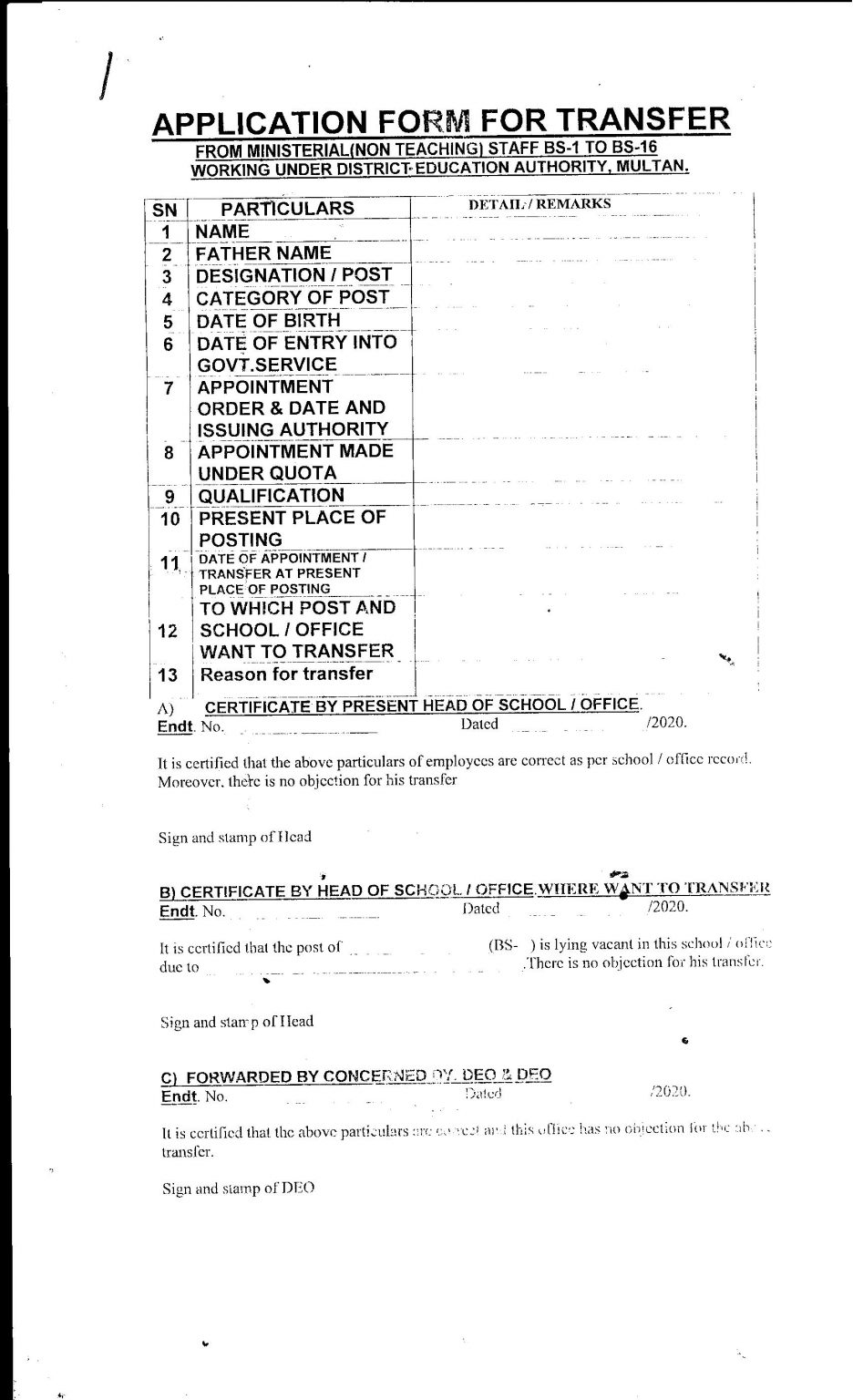 Transfer Postings of Ministerial Cadre Posts / AEOs SED • Galaxy World