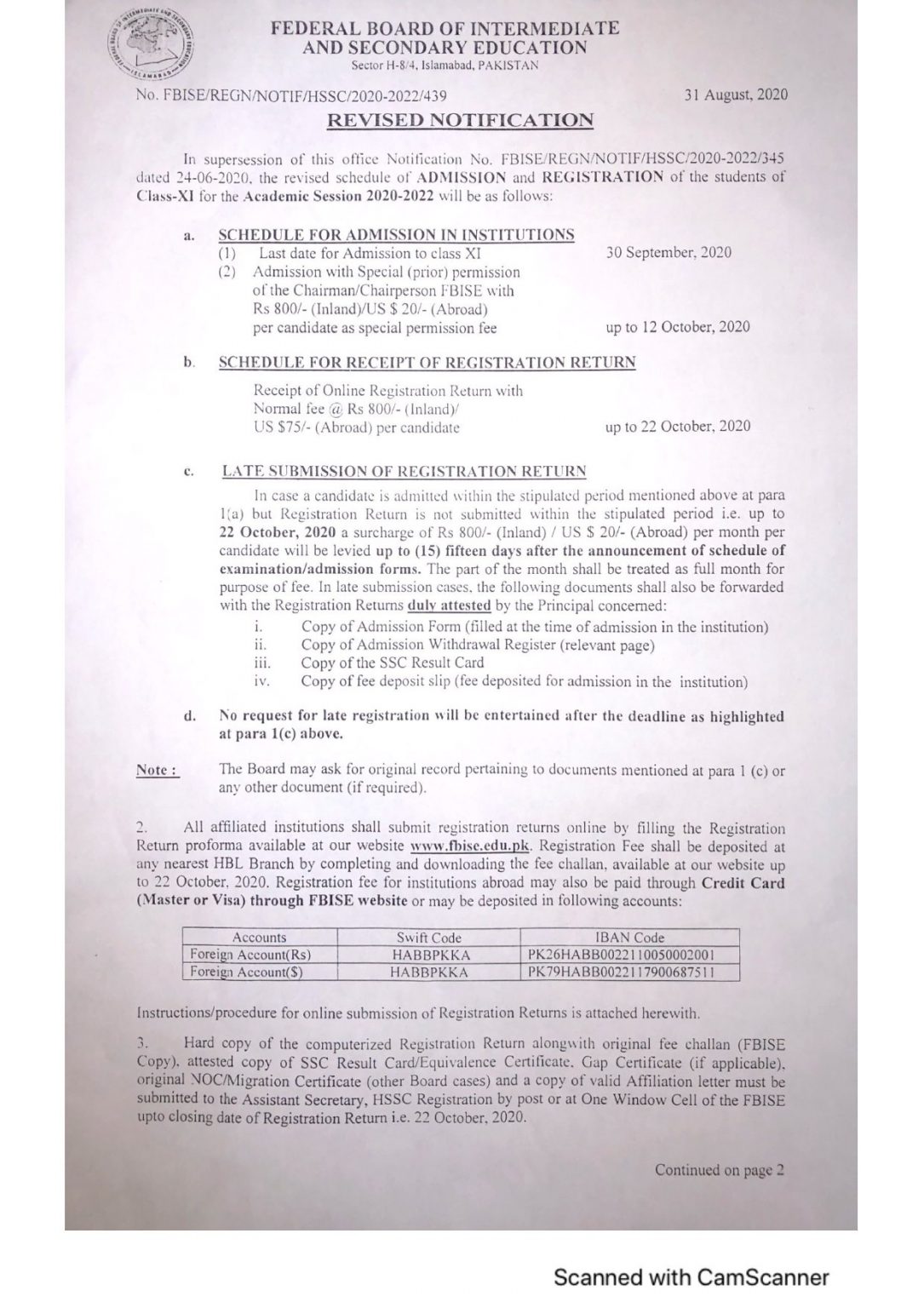 FBISE HSSC Registration 2020-2022 Revised Notification • Galaxy World