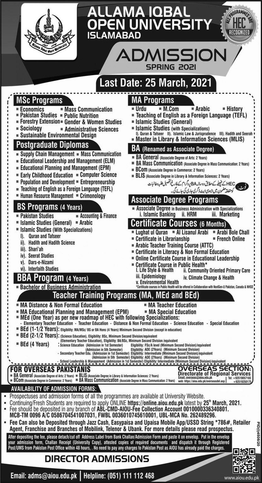 AIOU Admission in Bed, MA, BS, BA, Certificate Courses Spring 2021 AIOU Admission in Bed, MA, BS, BA, Certificate Courses Spring 2021