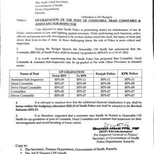 Notification Upgradation Police Constables and ASIs 2022 Sindh