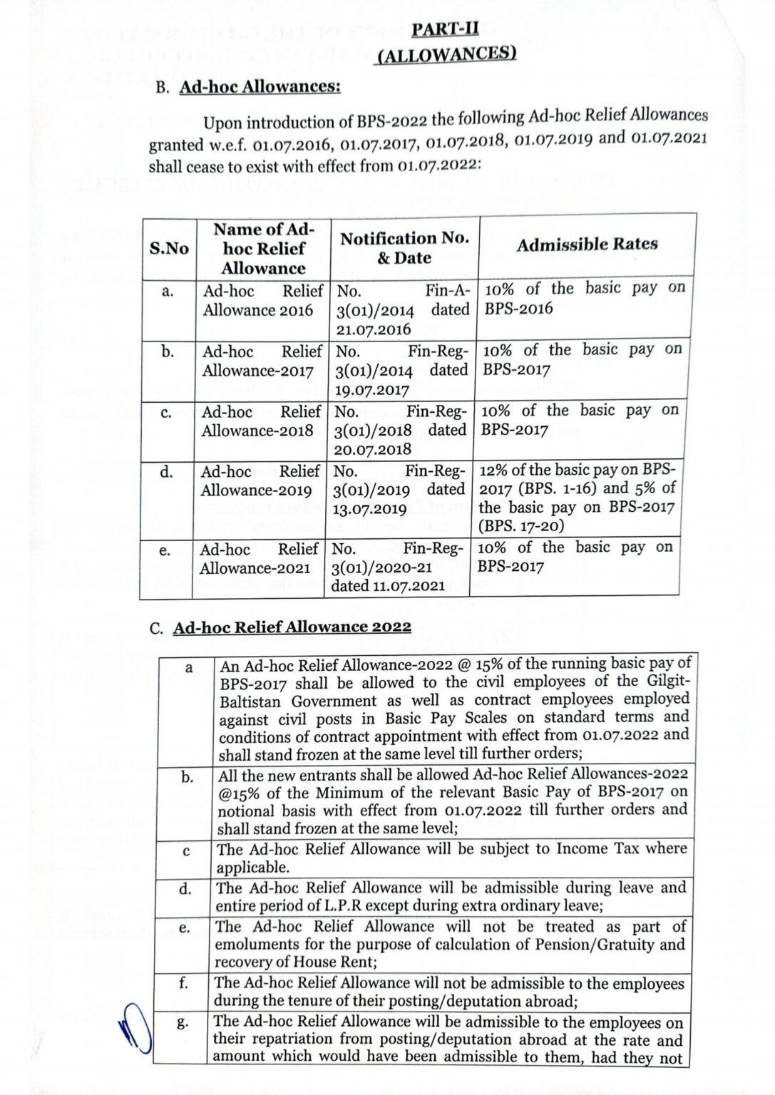 Notification Revised Basic Pay Scales 2022 GB and Allowances