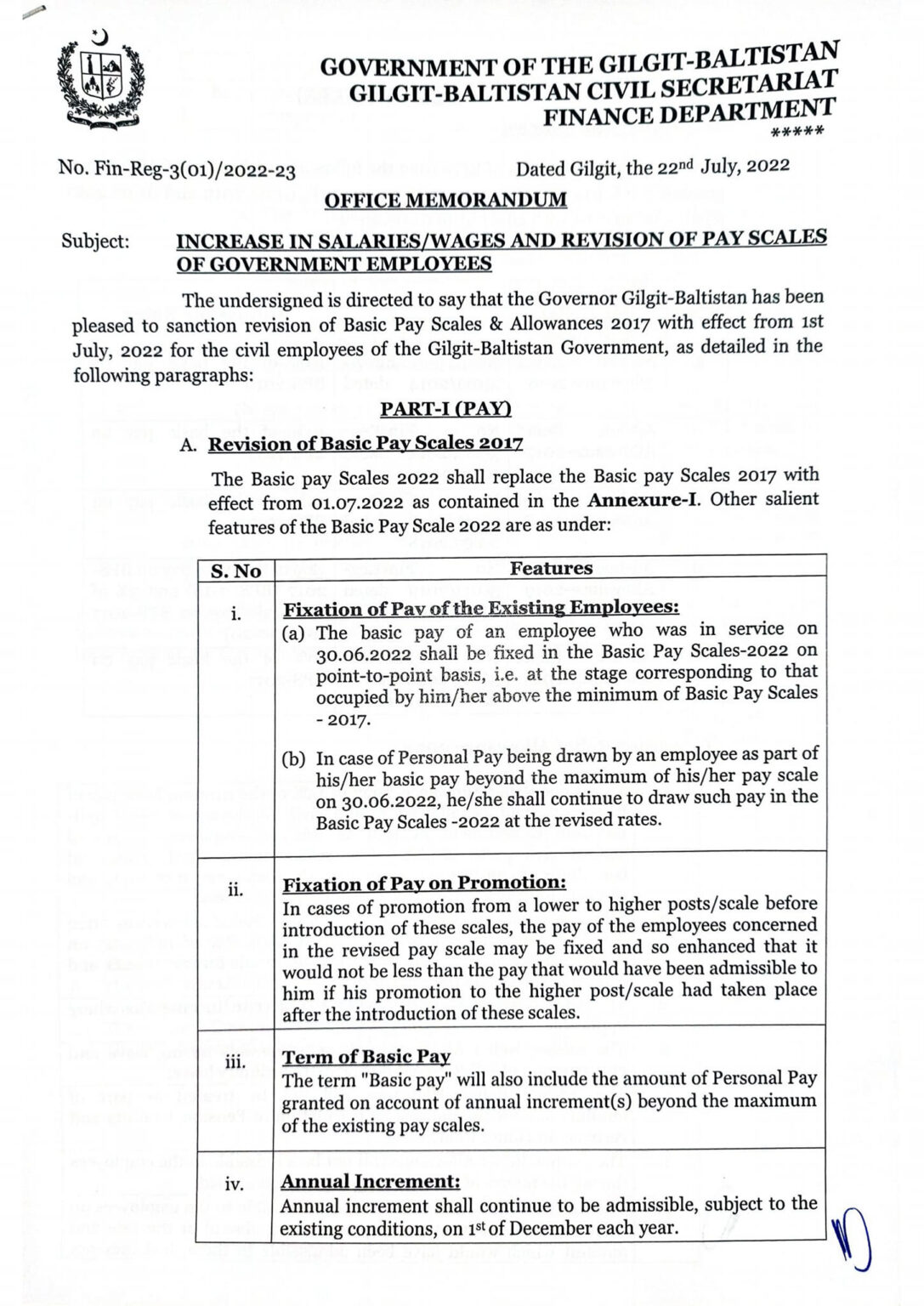 Notification Revised Basic Pay Scales 2022 GB and Allowances