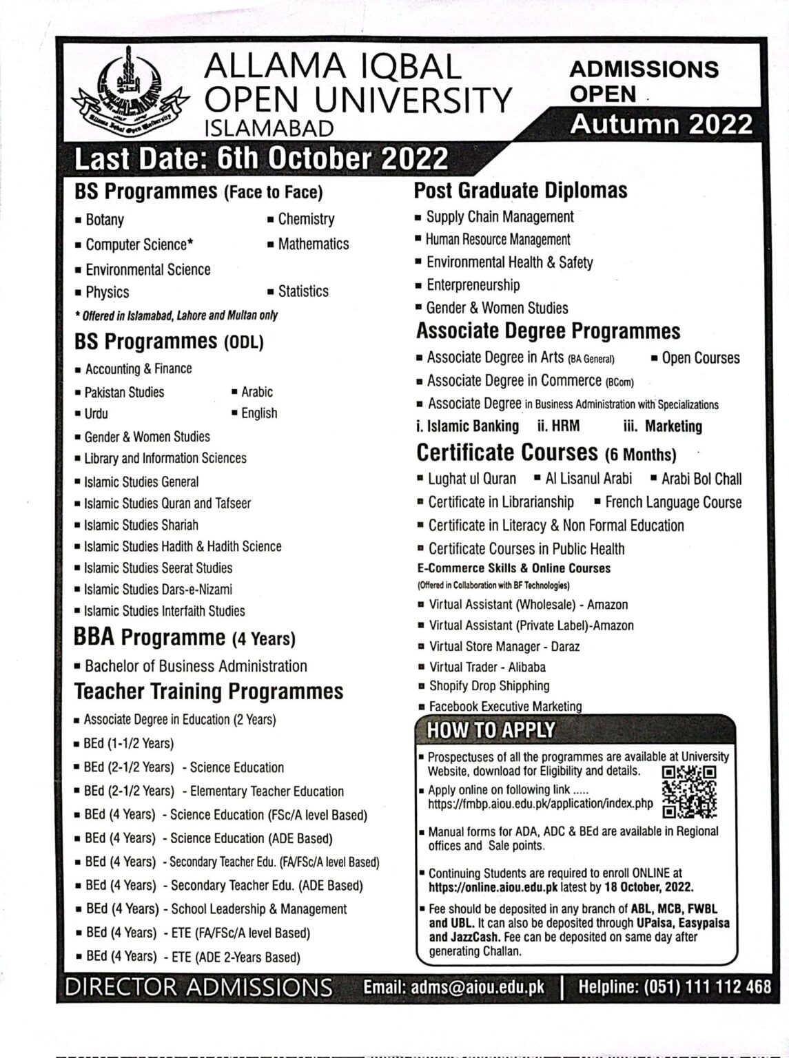 AIOU Admissions Open Semester Autumn 2022 • Galaxy World