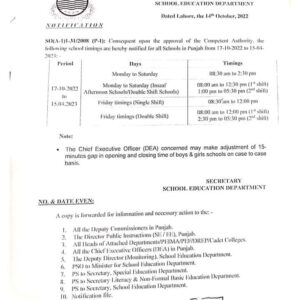 Revised School Timings 2023 by Punjab Special Education Dept