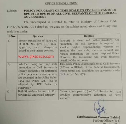 Approval of Time Scale Policy Federal Employees BS-01 to BS-16