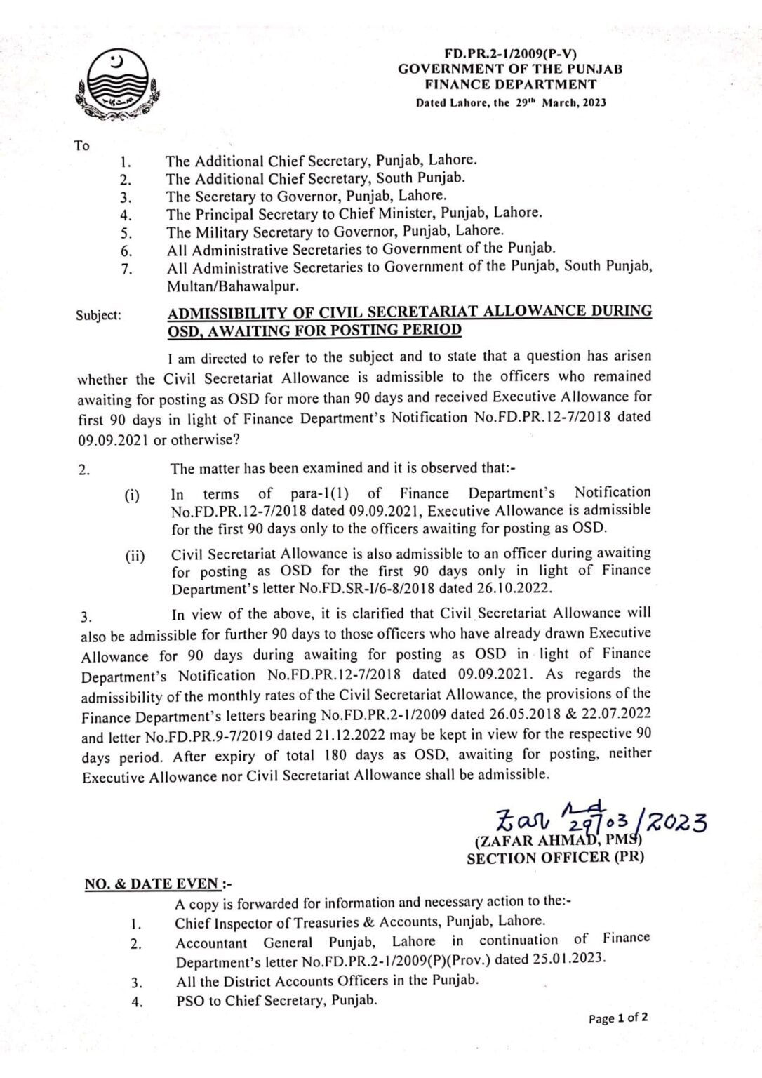 Admissibility of Civil Secretariat Allowance during OSD