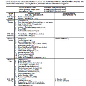 Revised Date Sheet HSSC Part-I and Part-II 2023 BISE Malakand