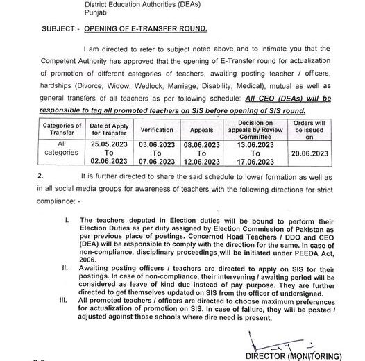 Revised Schedule Opening of the E-Transfer Round SED Punjab • Galaxy World