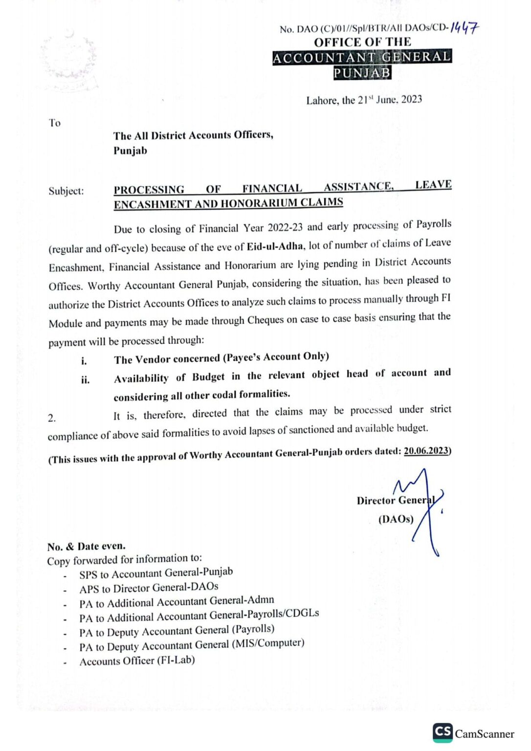 Payment of Leave Encashment, Financial Assistant etc Punjab