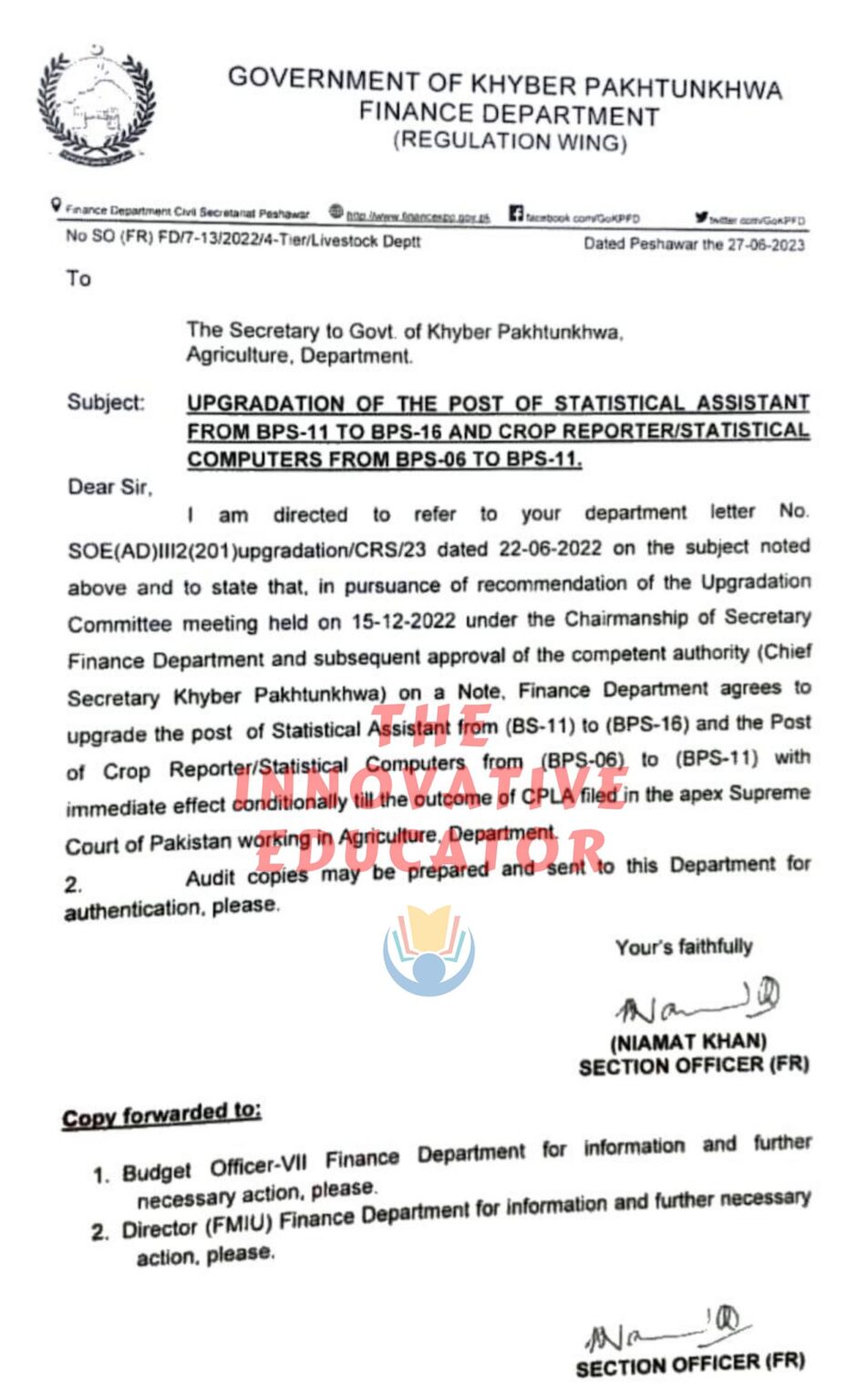 Upgradation Statistical Assistant, Crop Reporter/Statistical Comp