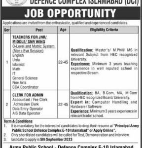 Army Public School (APS) Defence Complex Islamabad Vacancies
