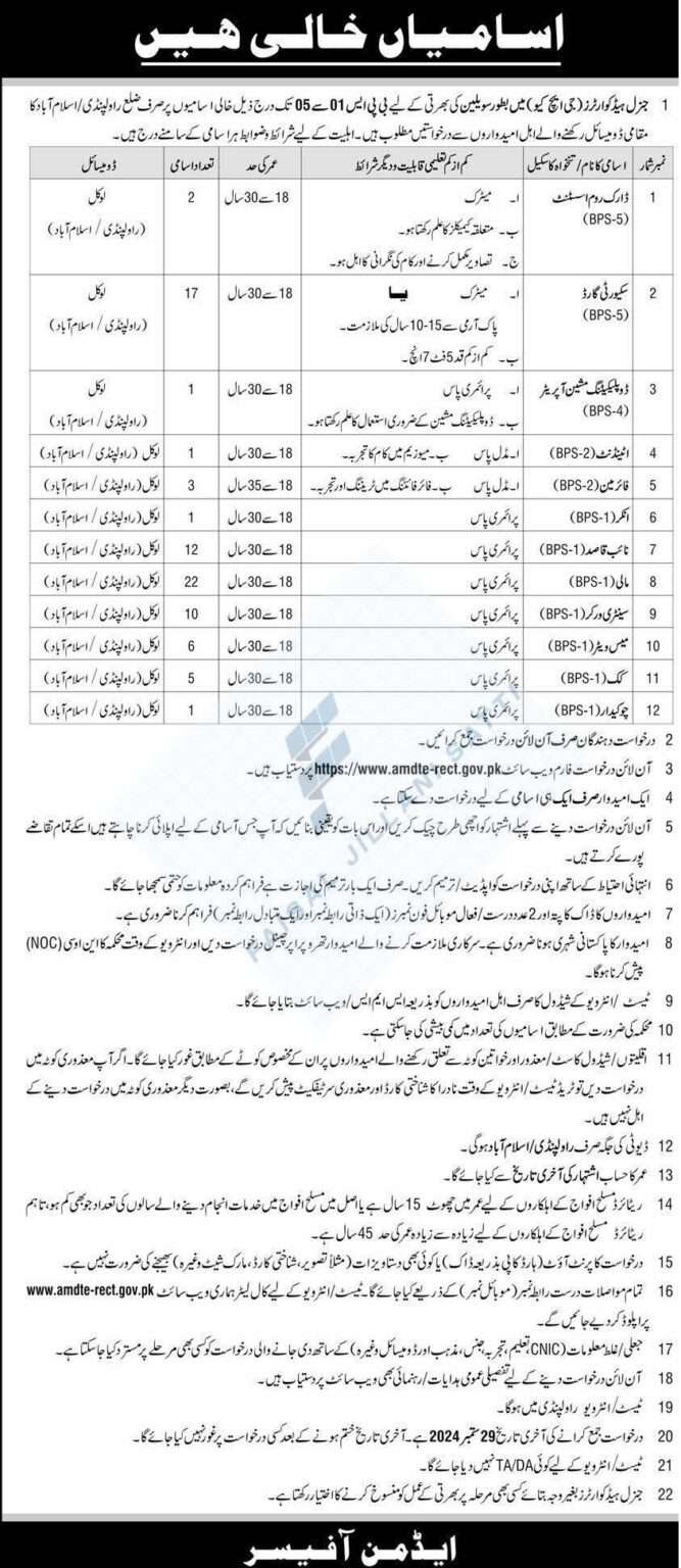GHQ Rawalpindi BPS-01 to BPS-05 Jobs Sep 2024 • Galaxy World
