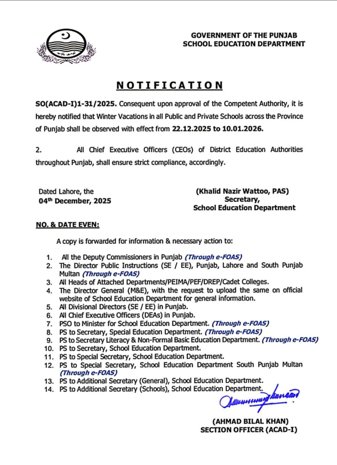 Schedule /Notification Winter Vacation 2025 Punjab SED • Galaxy World